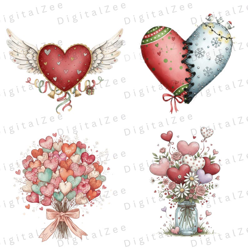 Whimsical Heart Clipart, Valentine Hearts PNG, Watercolor Valentines ...