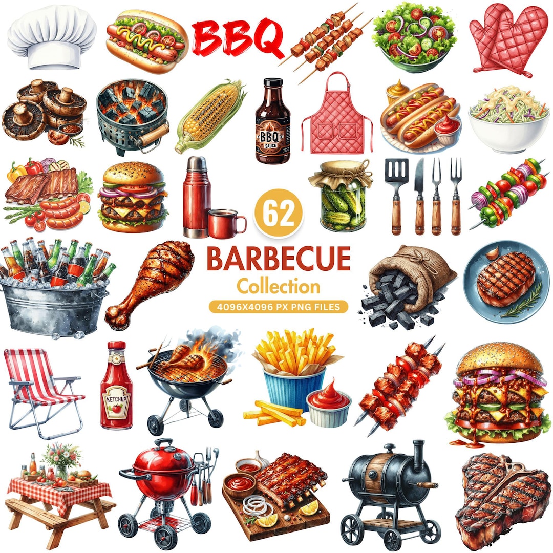 Watercolor BBQ Clipart, Barbecue Party Clipart, Grill Clipart, Summer ...