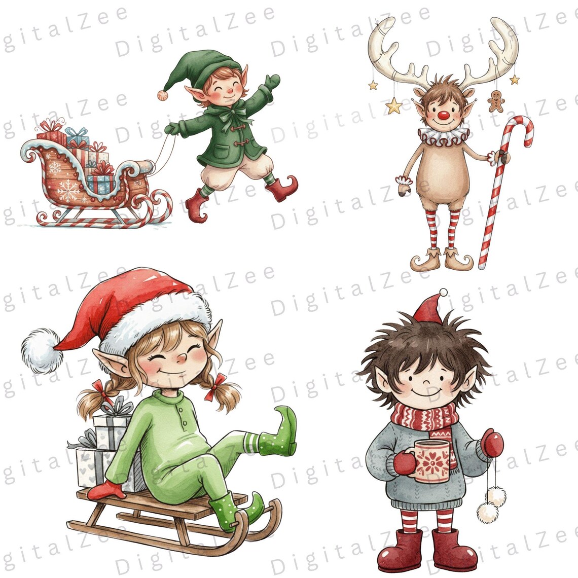 Whimsical Christmas Elf Clipart, Cute Watercolor Elves PNG, Festive ...