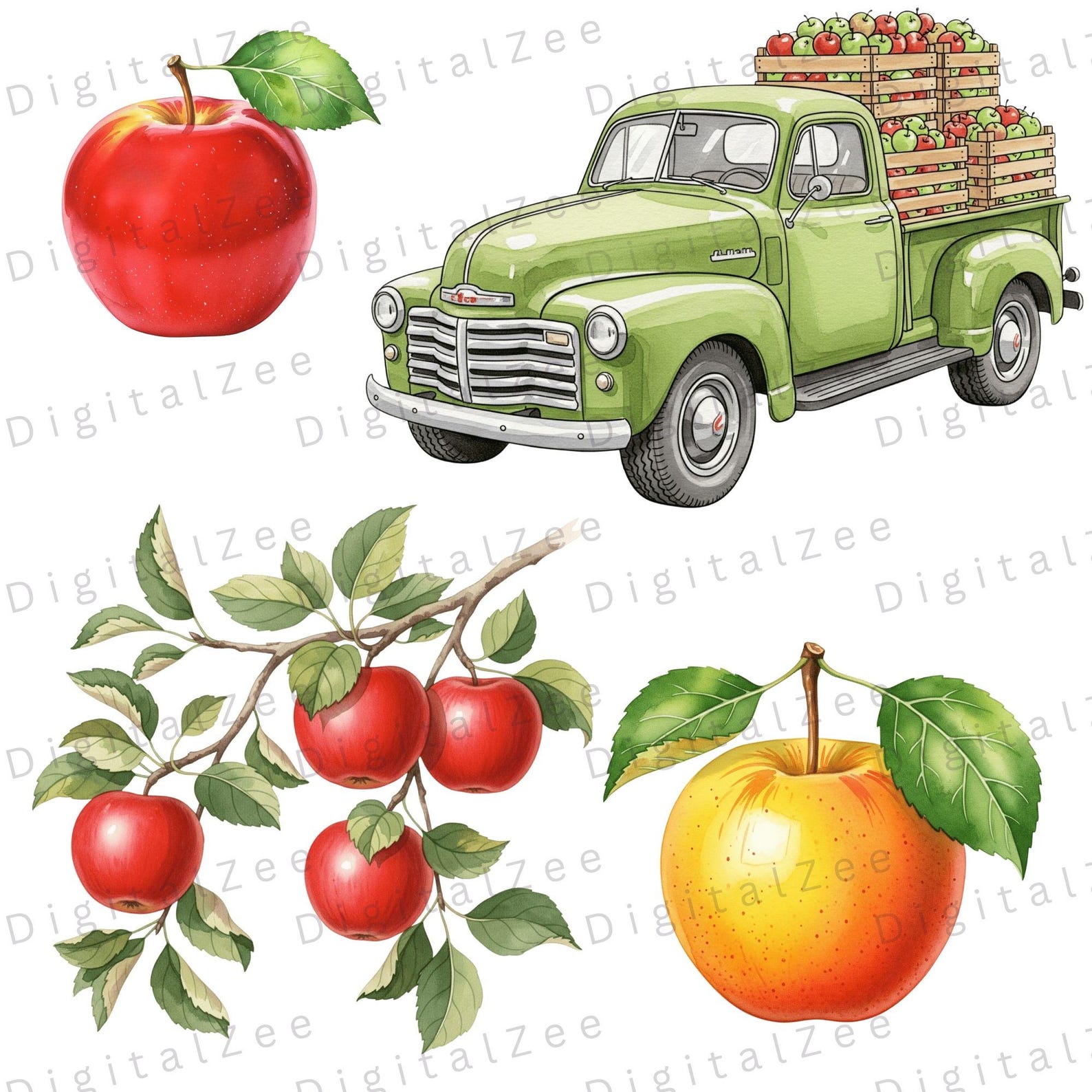 Watercolor Apple Clipart, Red and Green Apple PNG, Apple Tree Clipart ...