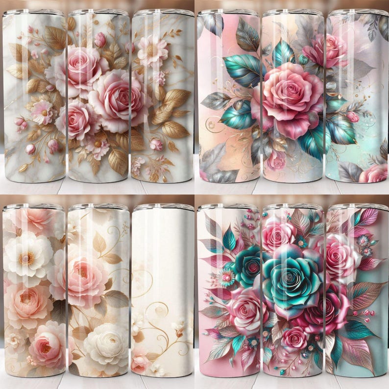 Pink Roses Tumbler Wrap Bundle, Rose 20oz Skinny Sublimation Design ...