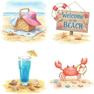 Watercolor Beach Clipart, Summer Beach Day PNG, Ocean Vacation Clipart ...
