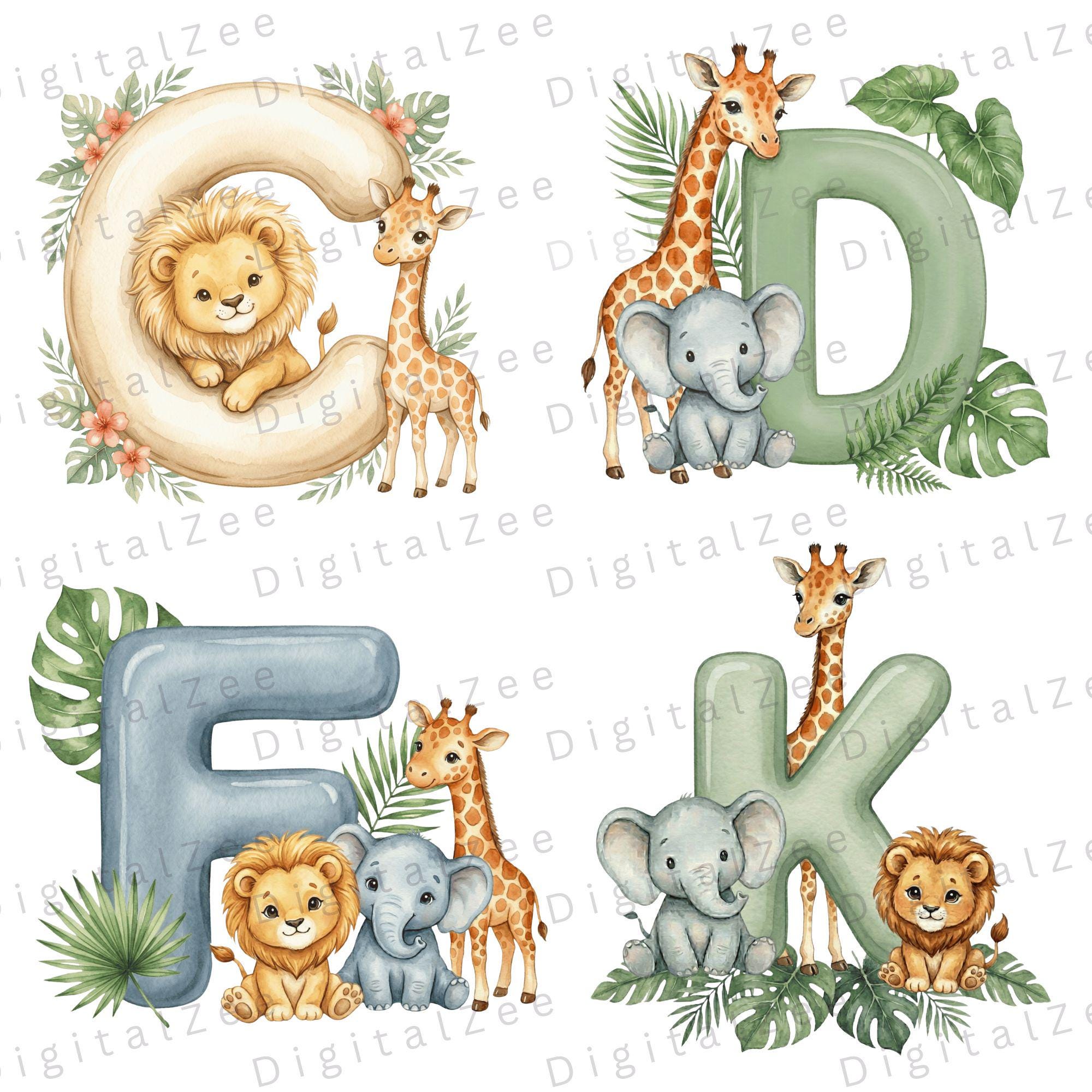 Safari Alphabet Clipart, Watercolor Jungle Animal Letters & Numbers ...