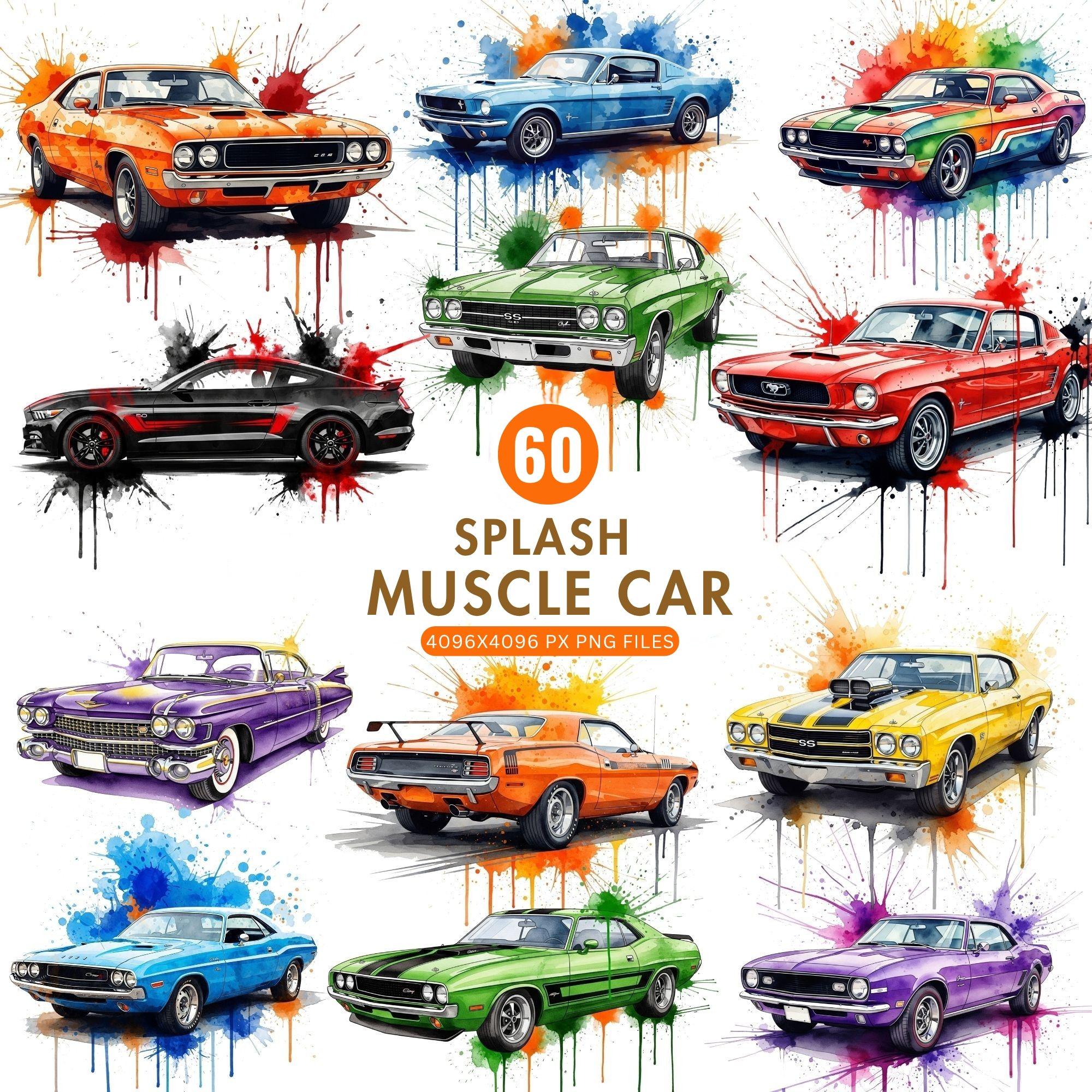 Splash Muscle Car Clipart Bundle, Watercolor Classic American Cars ...