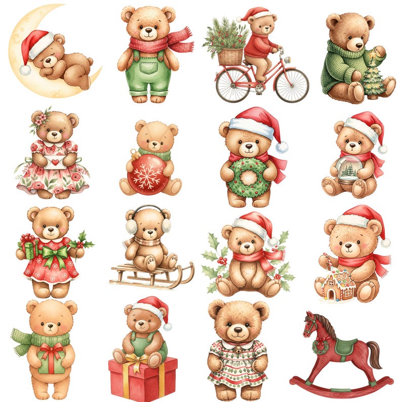 Christmas Teddy Bear Clipart, Watercolor Christmas PNG, Cute Holiday ...