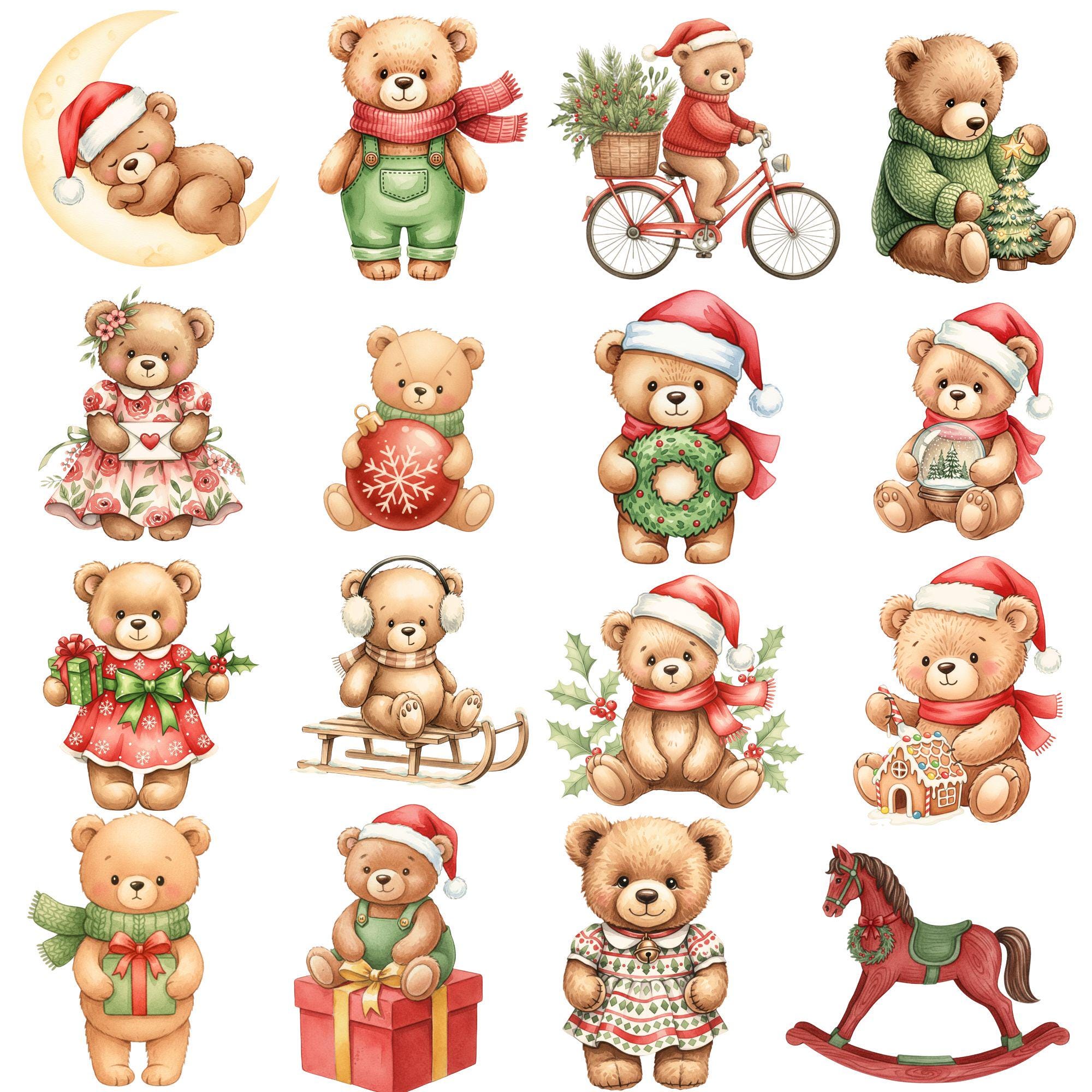 Christmas Teddy Bear Clipart, Watercolor Christmas PNG, Cute Holiday ...