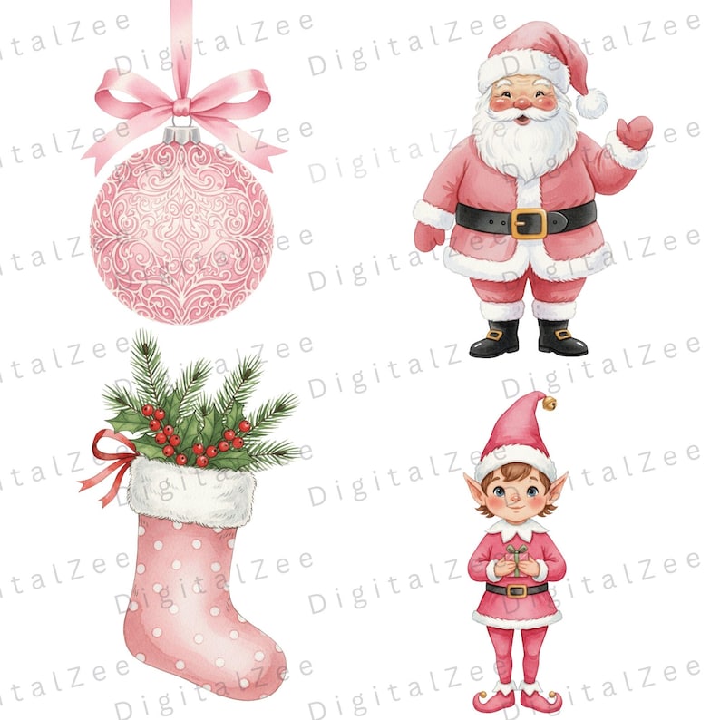 Pink Christmas Clipart, Watercolor Cute Christmas PNG, Santa, Reindeer ...