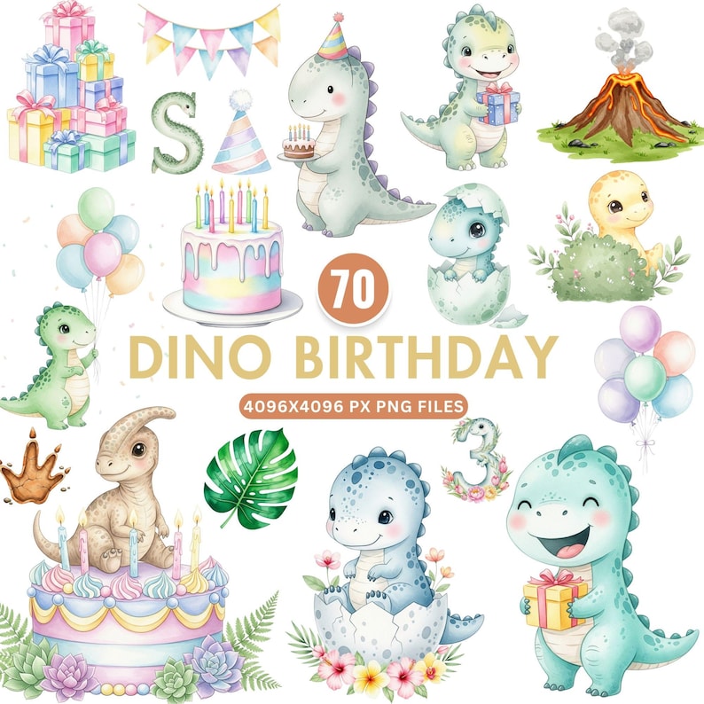 Dinosaur Birthday Clipart, Cute Dino Party Illustrations, Watercolor ...