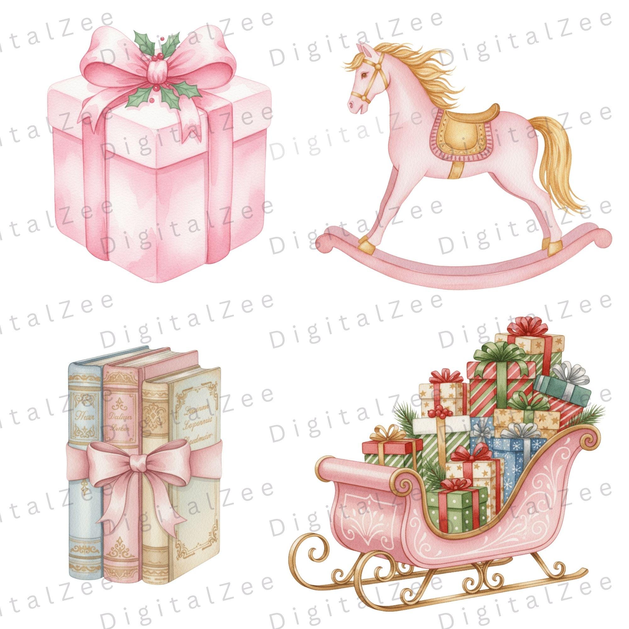 Pink Christmas Clipart, Watercolor Cute Christmas PNG, Santa, Reindeer ...