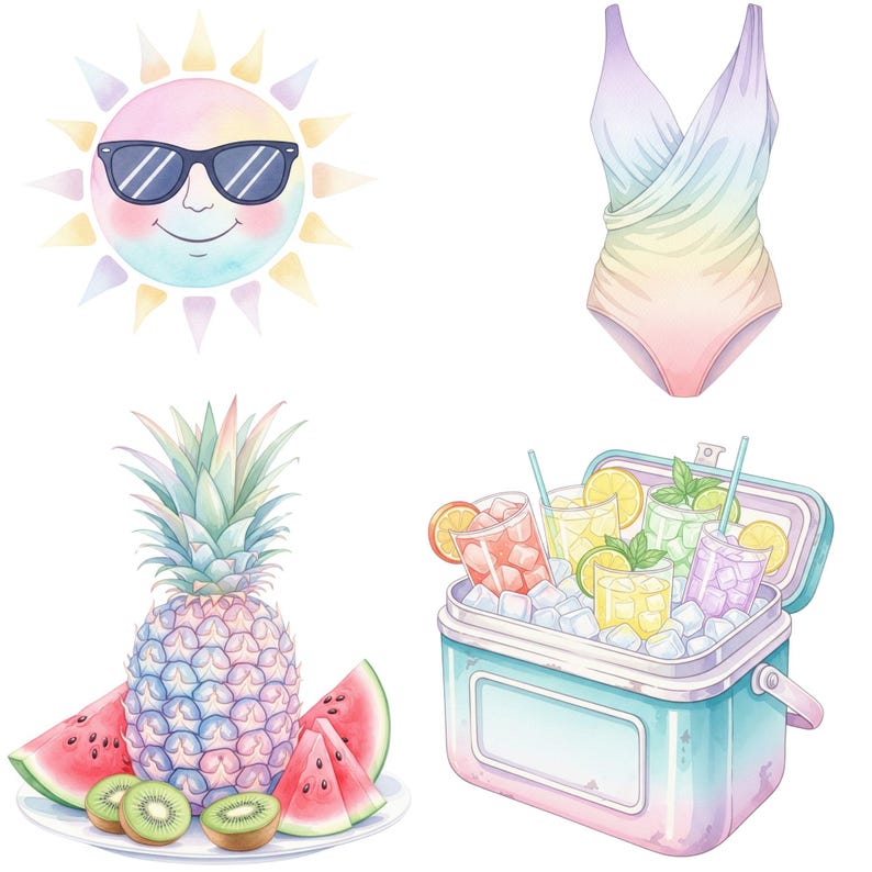 Pool Party Clipart, Cute Watercolor Pastel Summer Clipart for Kids, Ice ...