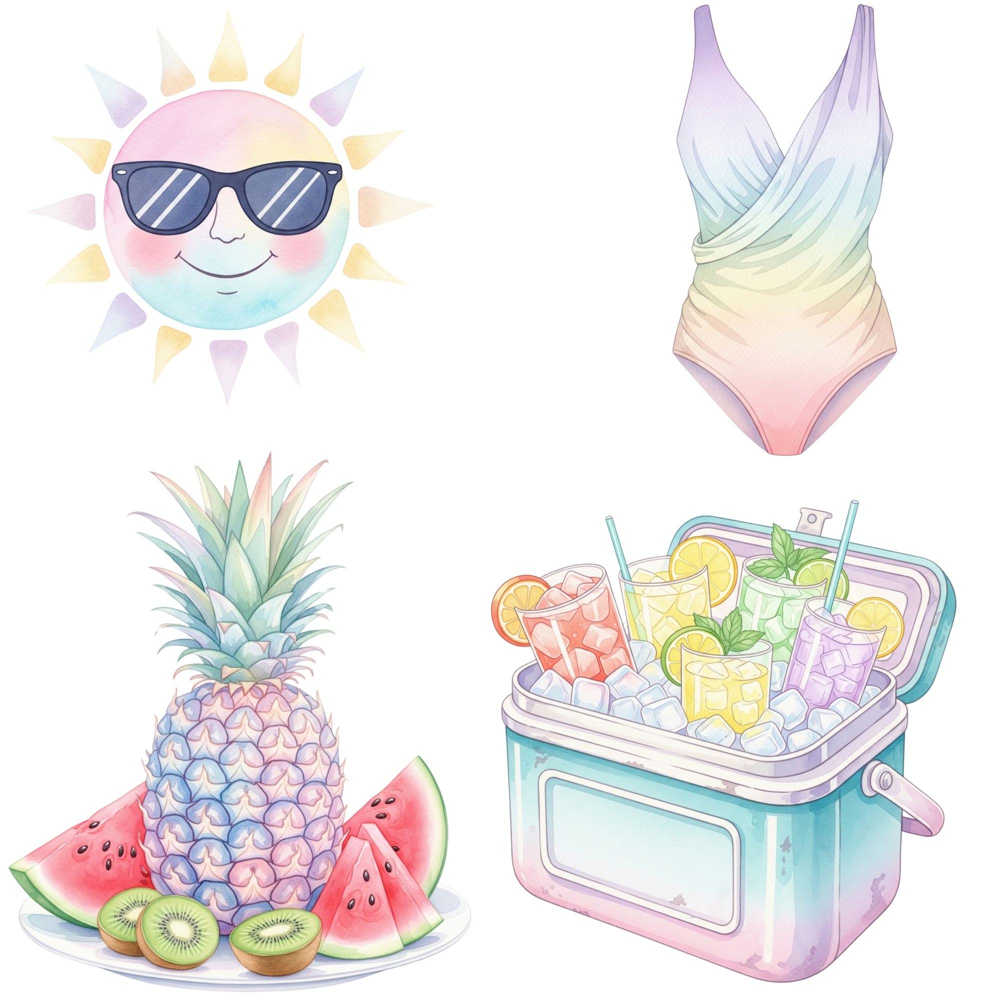 Pool Party Clipart, Cute Watercolor Pastel Summer Clipart for Kids, Ice ...