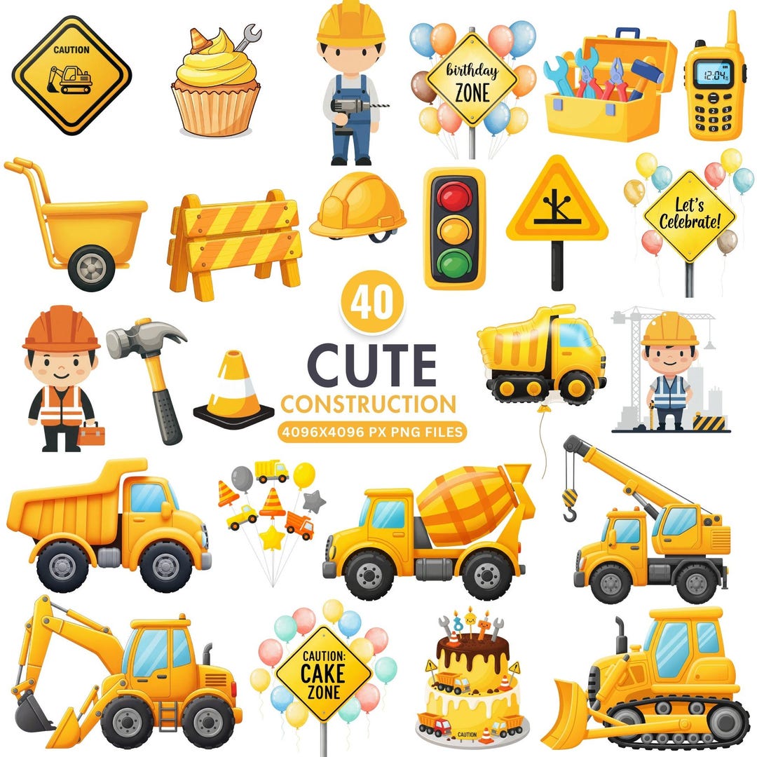 Construction Party Clipart, Cute Kids Construction Vehicles, Excavator ...