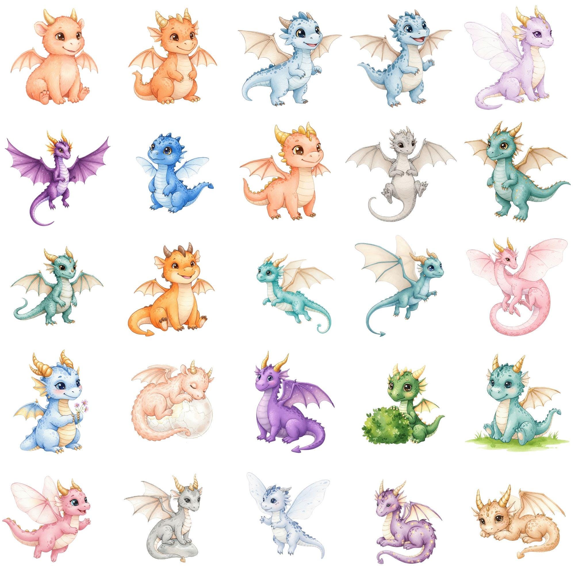 Baby Dragon Clipart, Cute Watercolor Fantasy Dragons Png, Flying ...