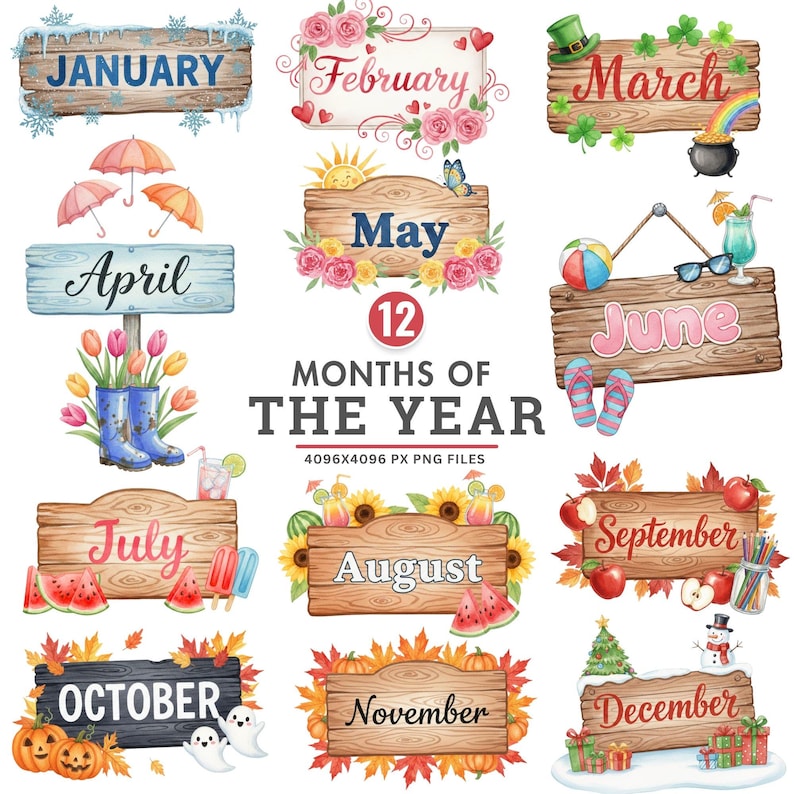 Months of the Year Clipart, Watercolor Months PNG, 12 Months Png ...