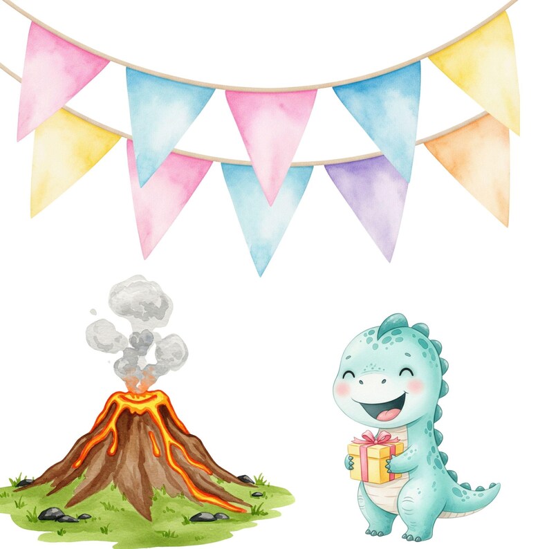 Dinosaur Birthday Clipart, Cute Dino Party Illustrations, Watercolor ...