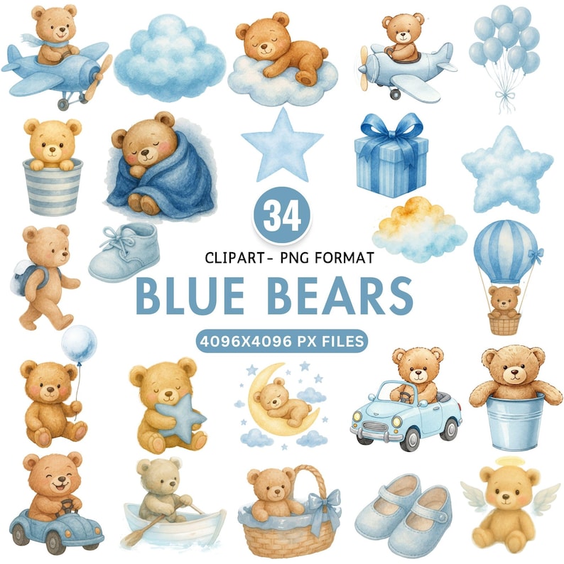 Blue Teddy Bear Clipart Watercolor Baby Shower PNG Cute Bear Nursery ...