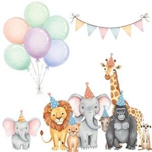 Safari Birthday Clipart, Cute Jungle Animals Clipart PNG, Watercolor ...