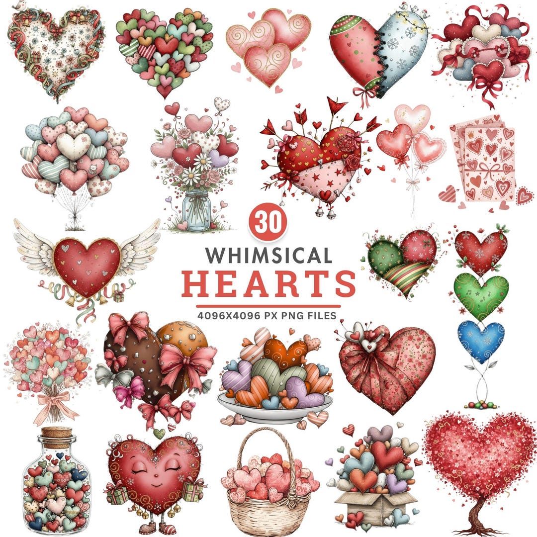Whimsical Heart Clipart, Valentine Hearts PNG, Watercolor Valentines ...