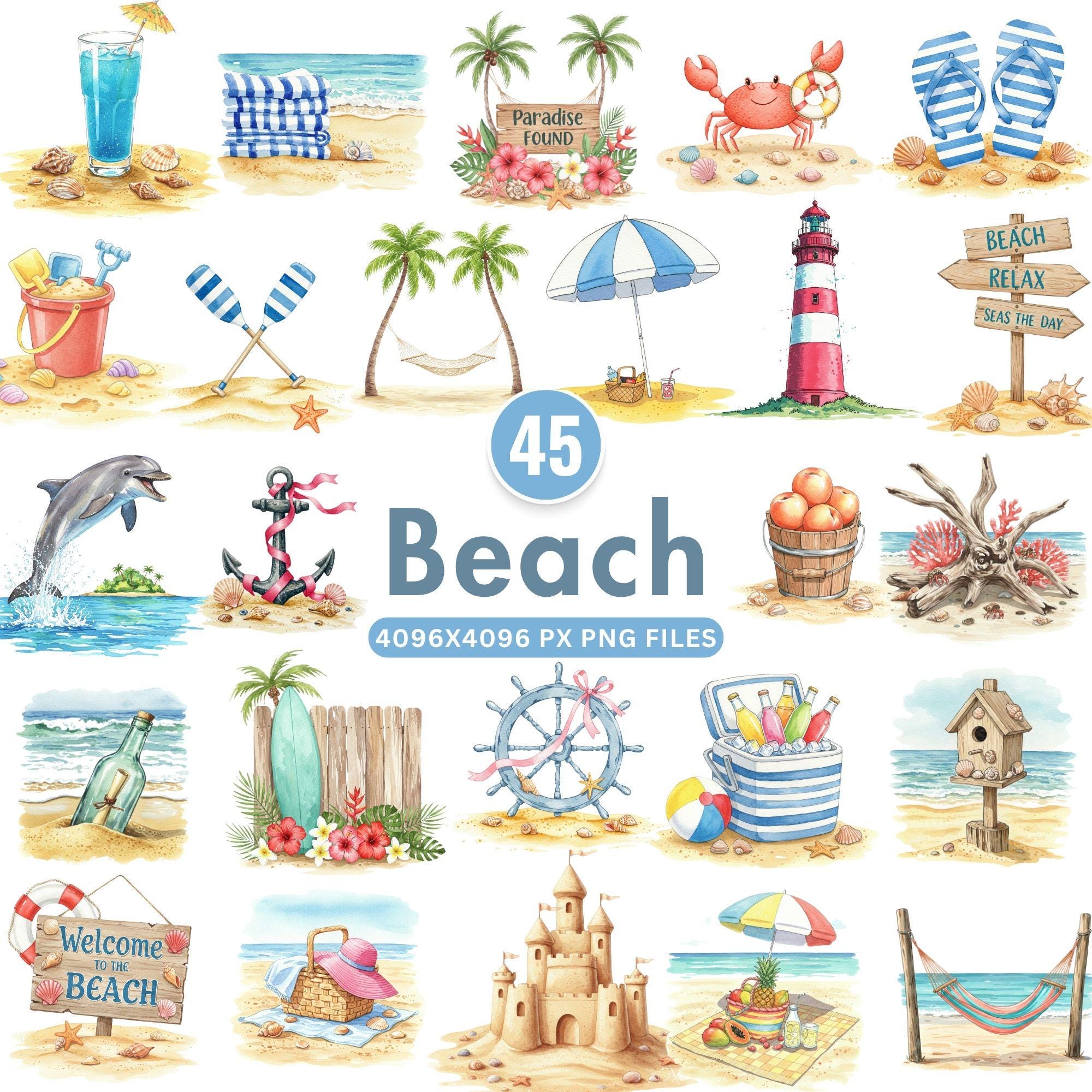 Watercolor Beach Clipart, Summer Beach Day PNG, Ocean Vacation Clipart ...