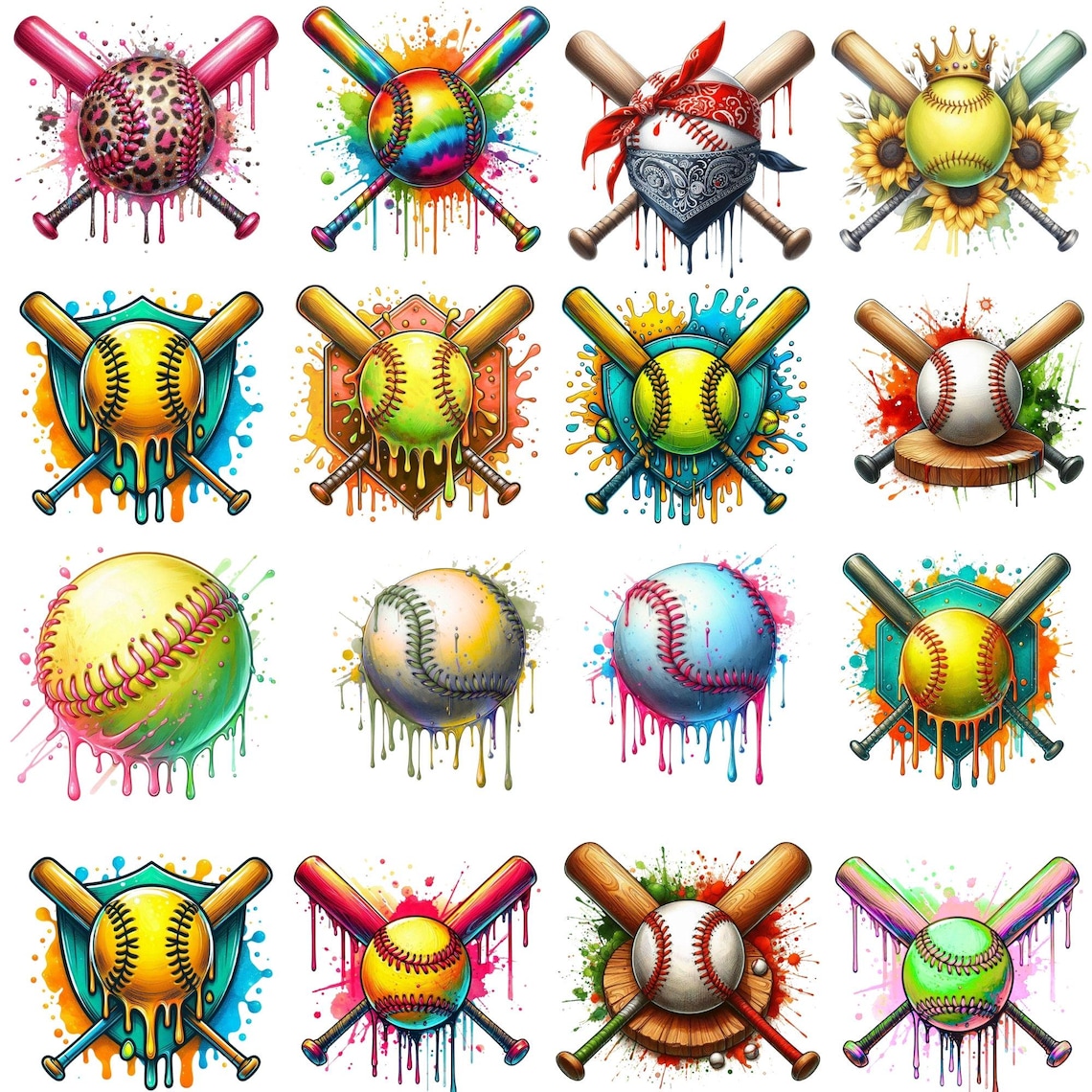 Watercolor Softball Clipart, Ice Cream Drip Softball, Sport Ball ...