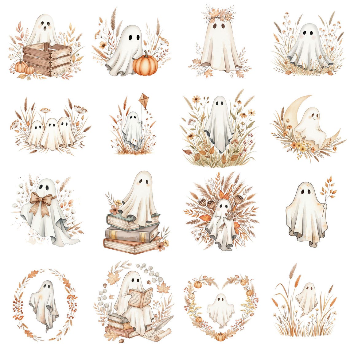 Vintage Fall Ghost Clipart, Boho Floral Halloween Ghost PNG, Autumn ...