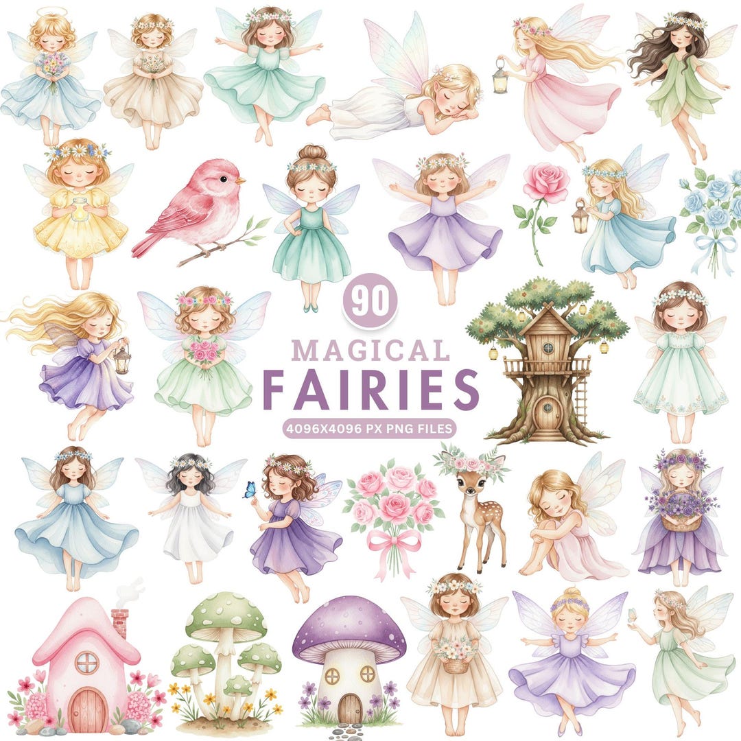 Watercolor Fairies Clipart, Pink Garden PNG, Magical Enchanted Forest ...