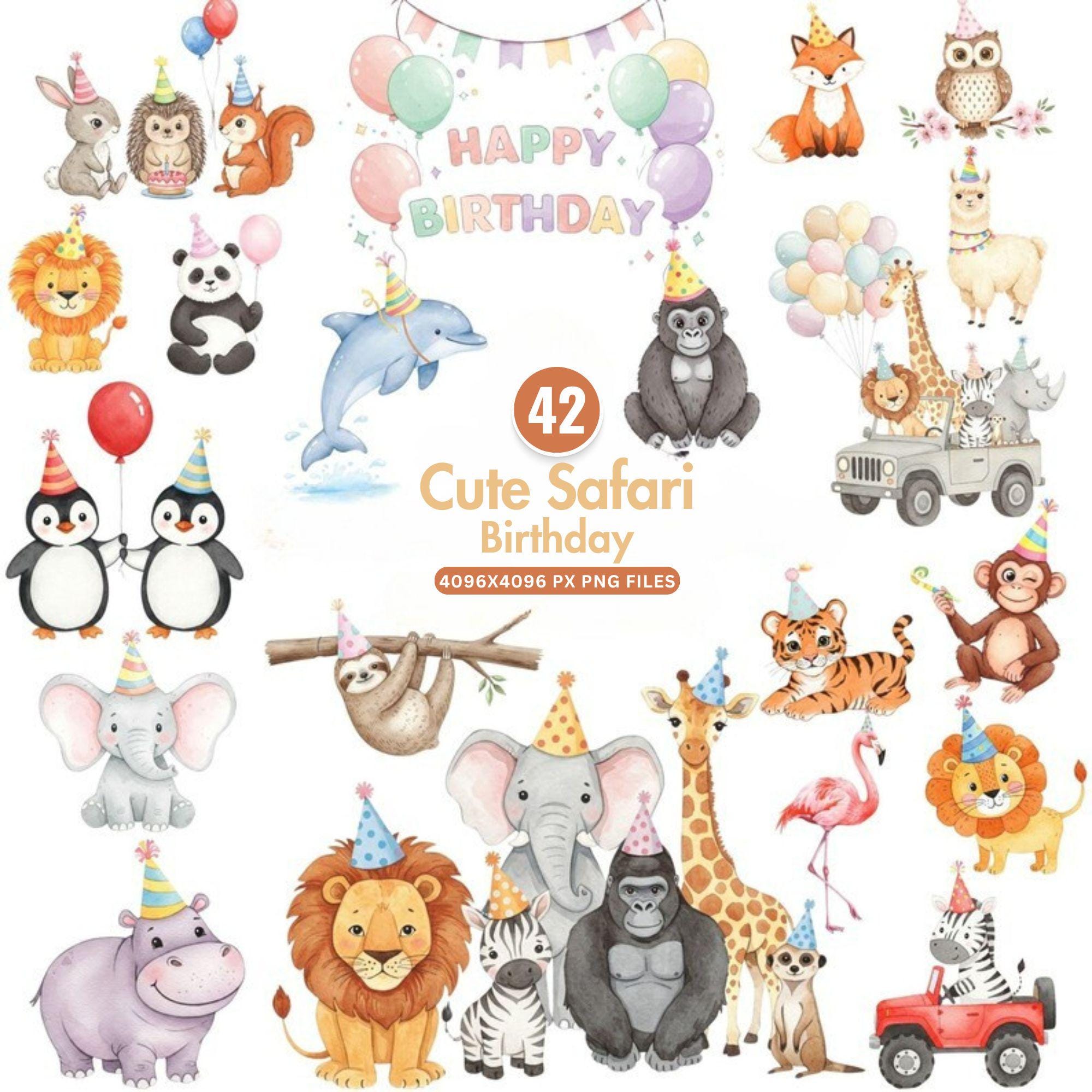 Safari Birthday Clipart, Cute Jungle Animals Clipart PNG, Watercolor ...