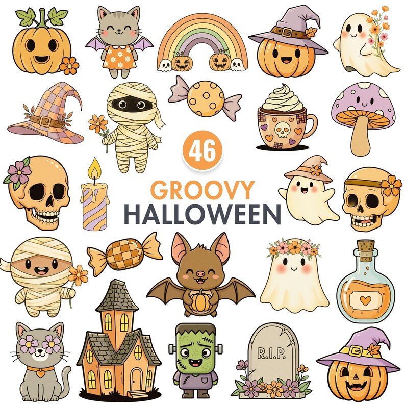 Groovy Halloween Clipart, Retro Halloween Png, Hippie Ghost Png, Pastel ...