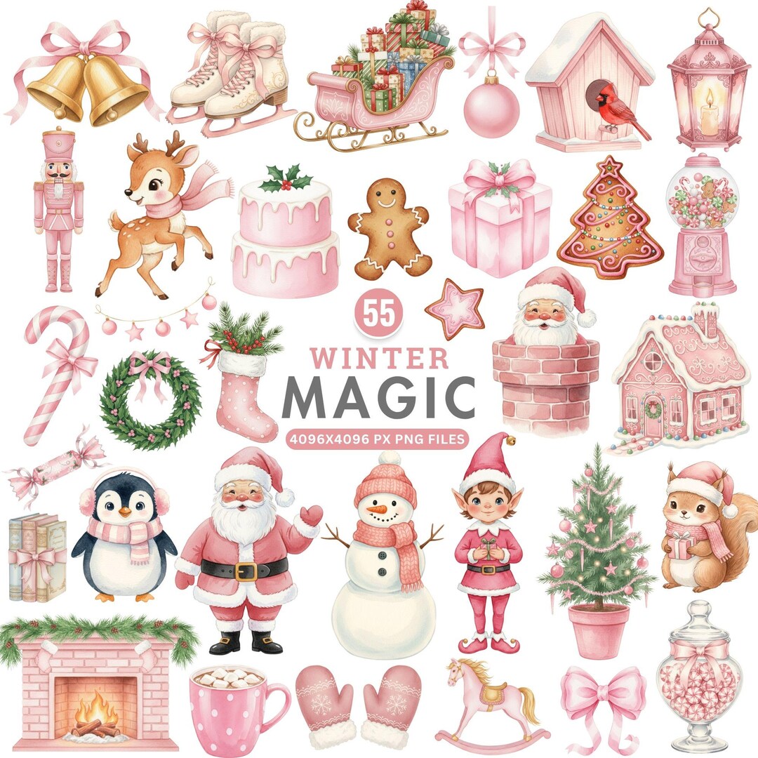 Pink Christmas Clipart, Watercolor Cute Christmas PNG, Santa, Reindeer ...