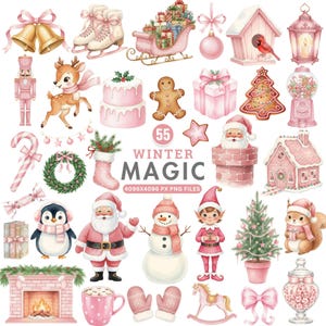 Pink Christmas Clipart, Watercolor Cute Christmas PNG, Santa, Reindeer ...
