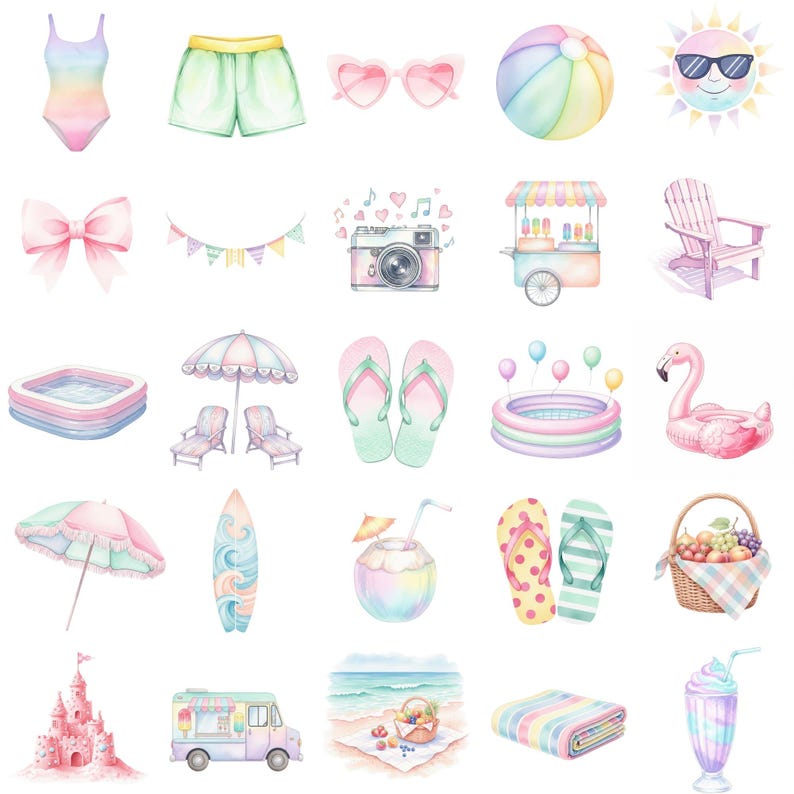 Pool Party Clipart, Cute Watercolor Pastel Summer Clipart for Kids, Ice ...