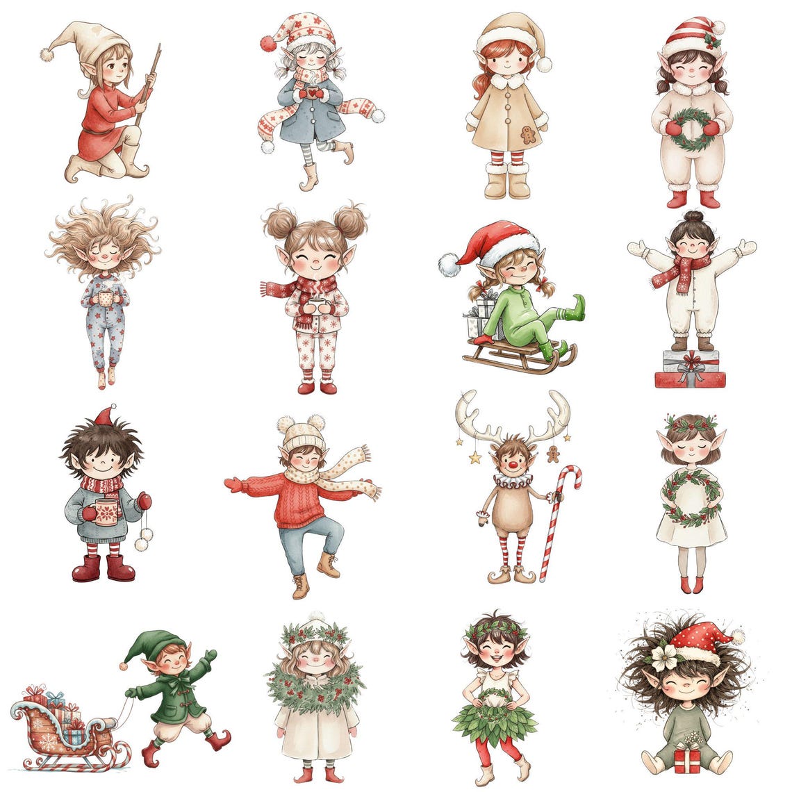 Whimsical Christmas Elf Clipart, Cute Watercolor Elves PNG, Festive ...