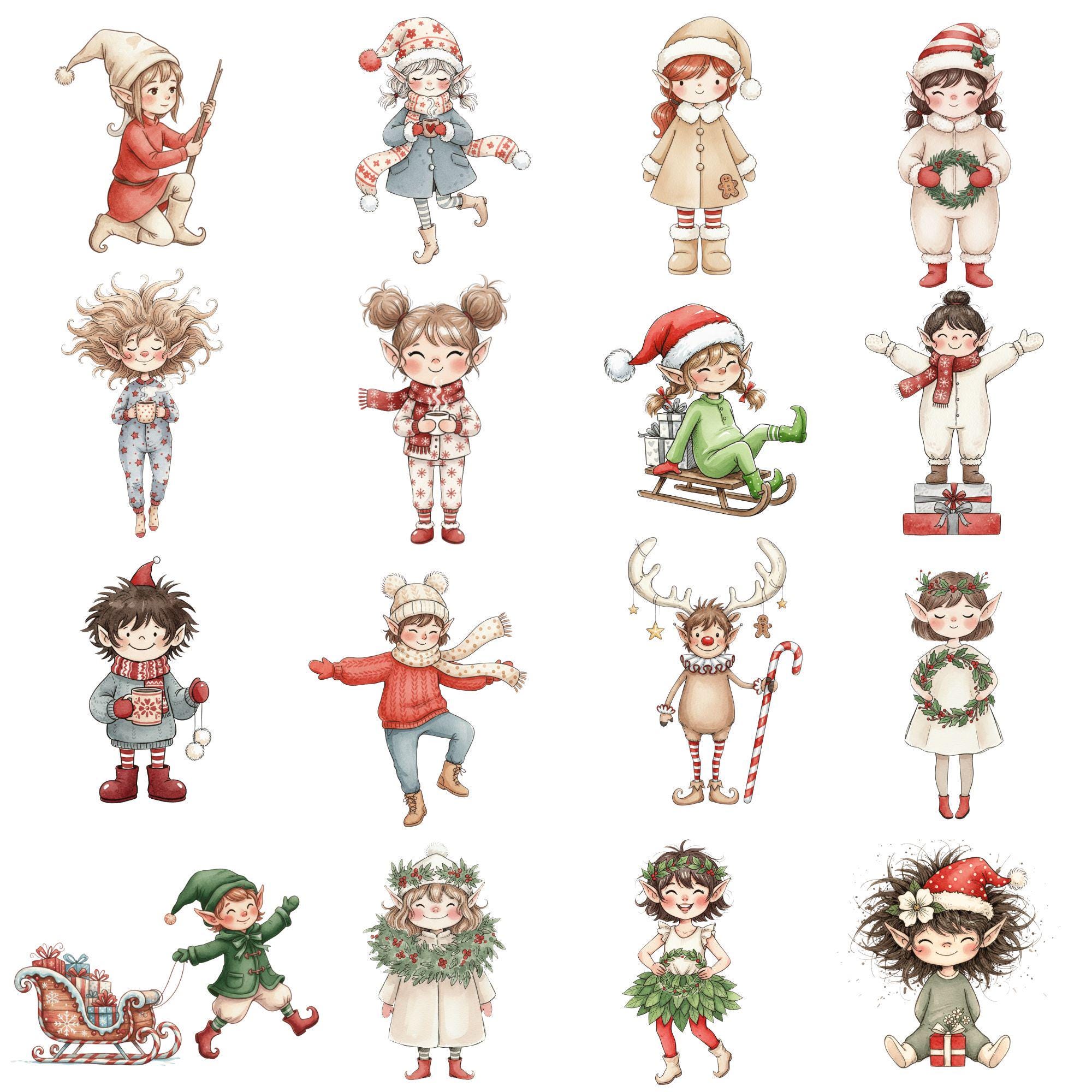 Whimsical Christmas Elf Clipart, Cute Watercolor Elves PNG, Festive ...