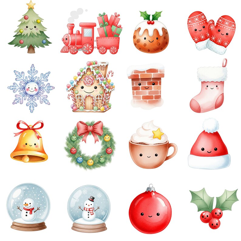 Cute Christmas Clipart, Kawaii Christmas PNG, Watercolor Santa ...