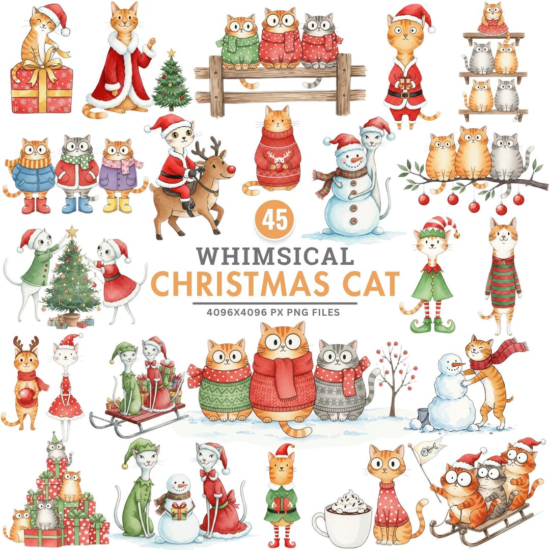Christmas Cat Clipart, Whimsical Cat PNG, Funny Holiday Cats, Quirky ...