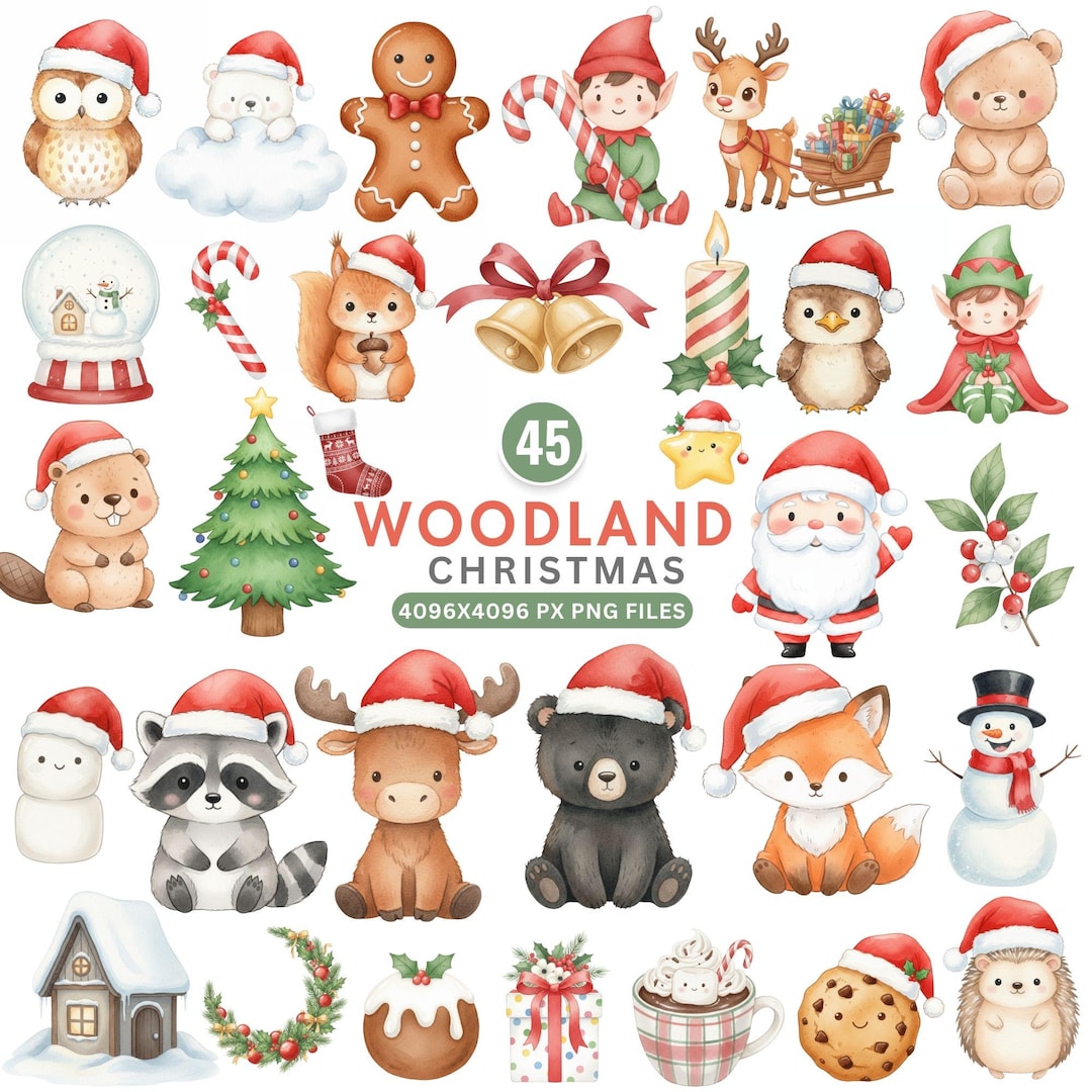 Woodland Christmas Animals Clipart, Cute Winter Woodland PNG ...