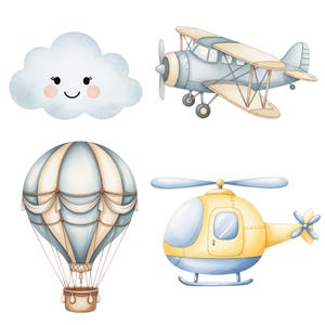 Watercolor Air Transport Clipart, Hot Air Balloon, Cute Airplane PNG ...