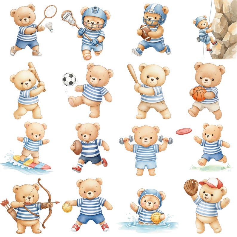 Sporty Teddy Bear Clipart, Watercolor Teddy Bear PNG, Blue Baby Boy ...