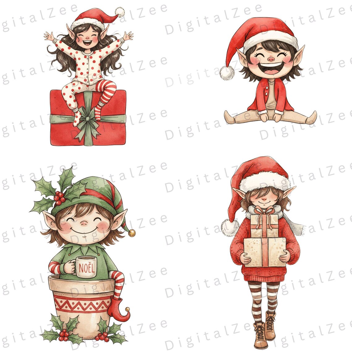 Whimsical Christmas Elf Clipart, Cute Watercolor Elves PNG, Festive ...