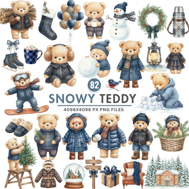 Winter Teddy Bears Clipart, Cute Christmas PNG, Watercolor Teddy Bear ...