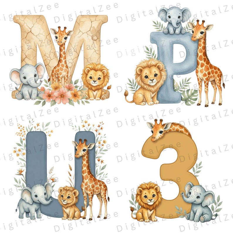 Safari Alphabet Clipart, Watercolor Jungle Animal Letters & Numbers ...