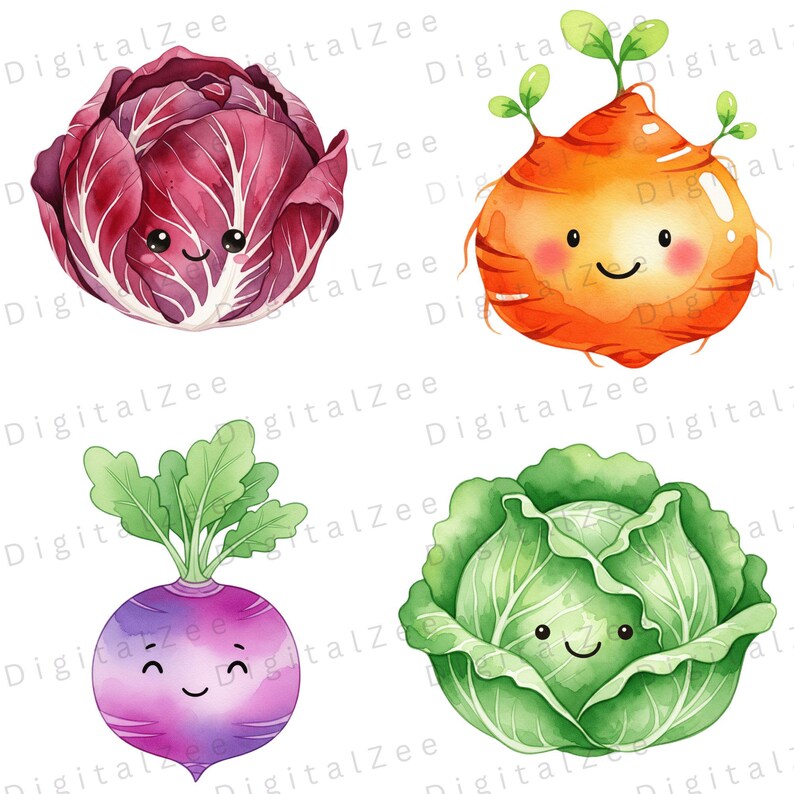 Cute Vegetable Clipart, Watercolor Veggies PNG, Kawaii Food Clipart ...