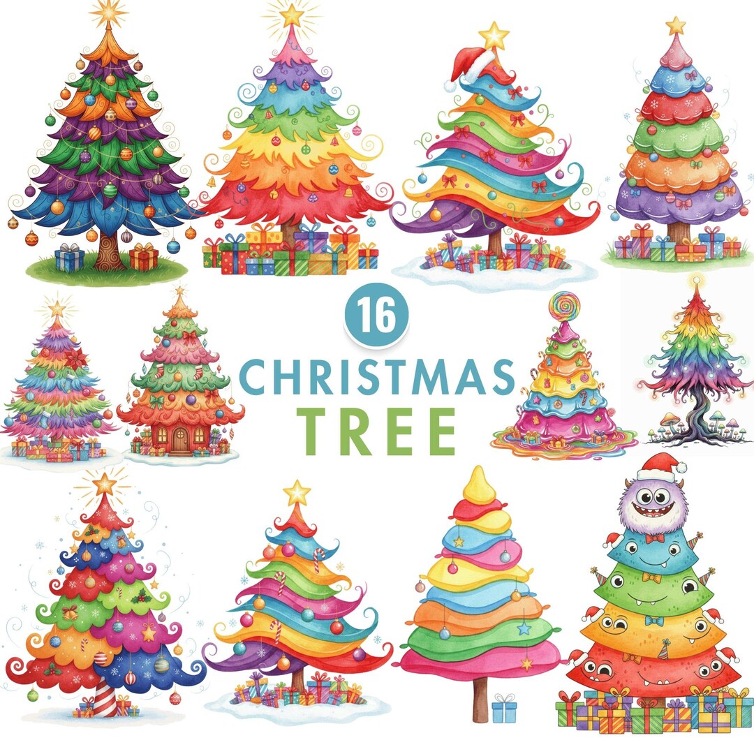 Whimsical Christmas Tree Clipart, Watercolor Tree PNG, Quirky Holiday ...