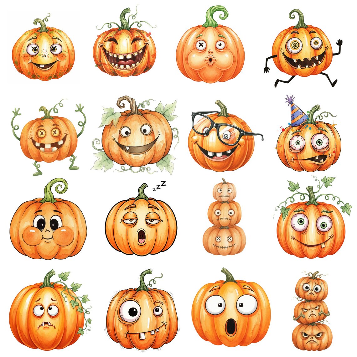 Quirky Halloween Pumpkin Clipart, Funny Jack-o-lantern PNG, Watercolor ...