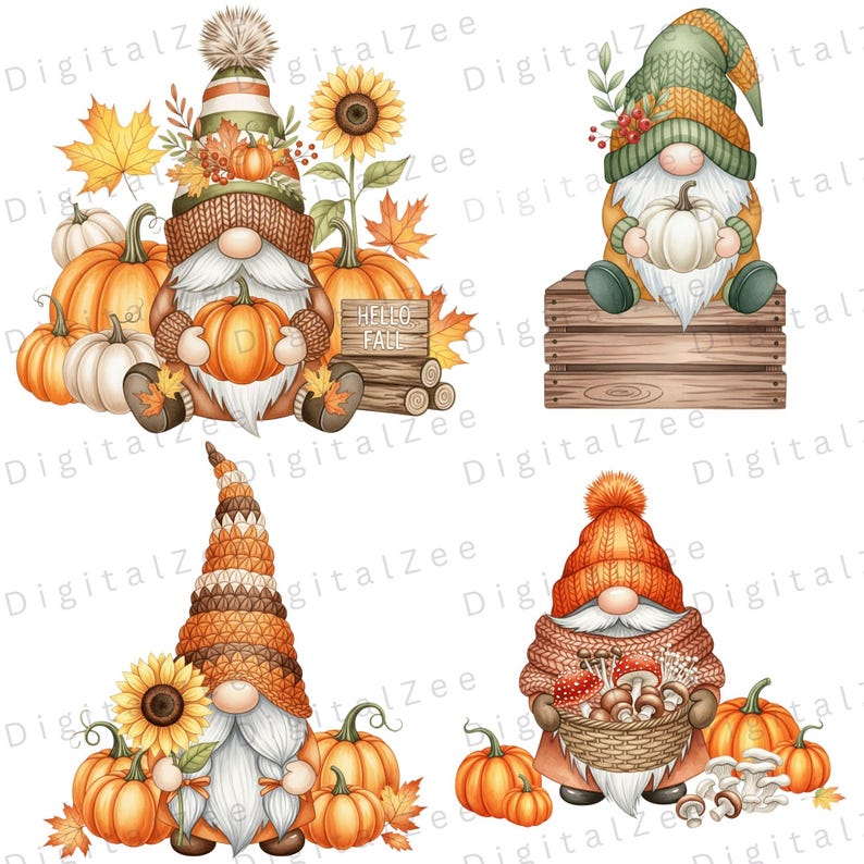 Fall Gnome Clipart, Autumn Gnome PNG, Watercolor Gnome Set, Pumpkin ...