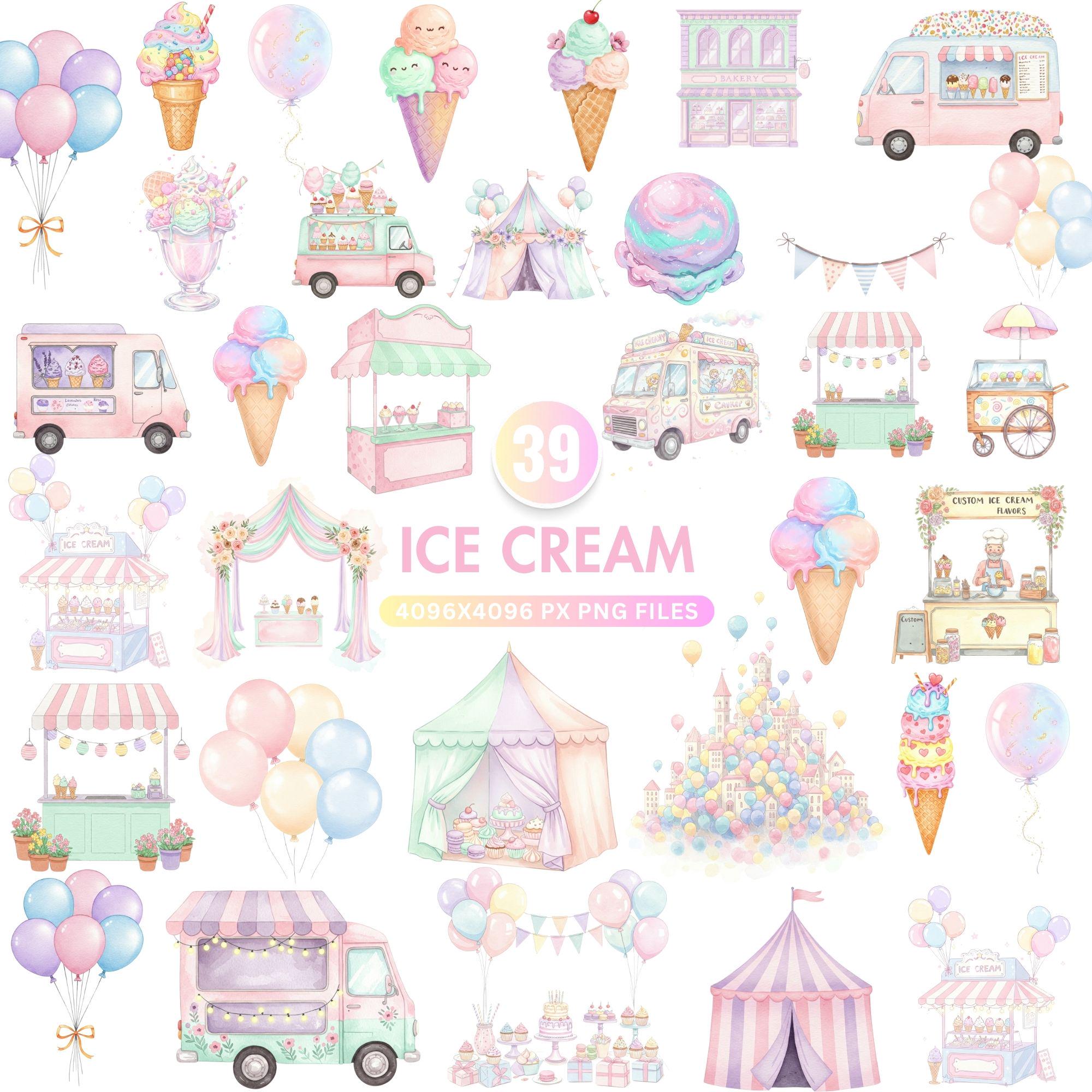 Ice Cream Cart Clipart, Watercolor Ice Cream Truck PNG, Pastel Ice ...