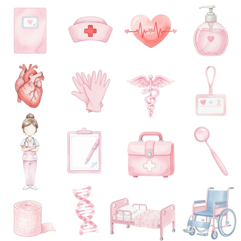 Pink Medical Clipart, Watercolor Medical Elements, Pastel Nurse PNG ...