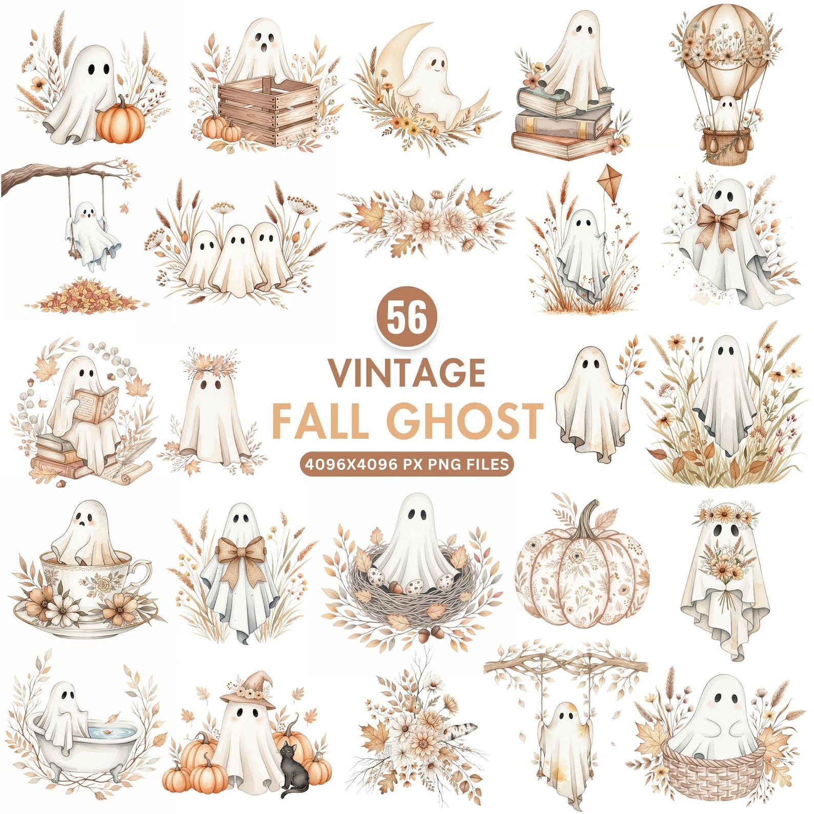 Vintage Fall Ghost Clipart, Boho Floral Halloween Ghost PNG, Autumn ...