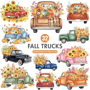 Watercolor Fall Truck Clipart, Pumpkin Truck PNG, Vintage Farmhouse ...