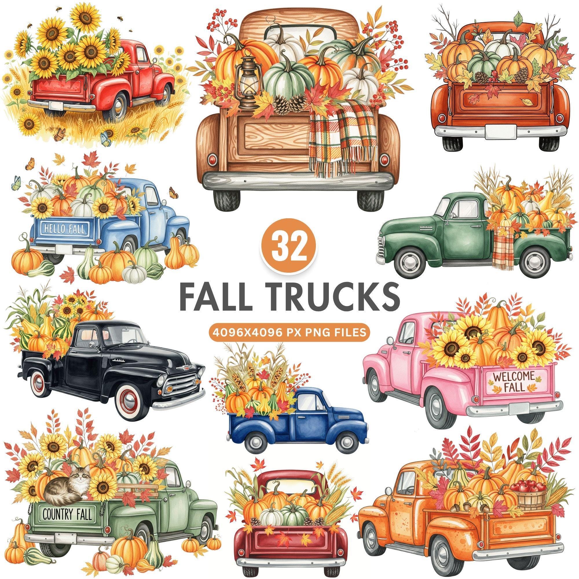 Watercolor Fall Truck Clipart, Pumpkin Truck PNG, Vintage Farmhouse ...